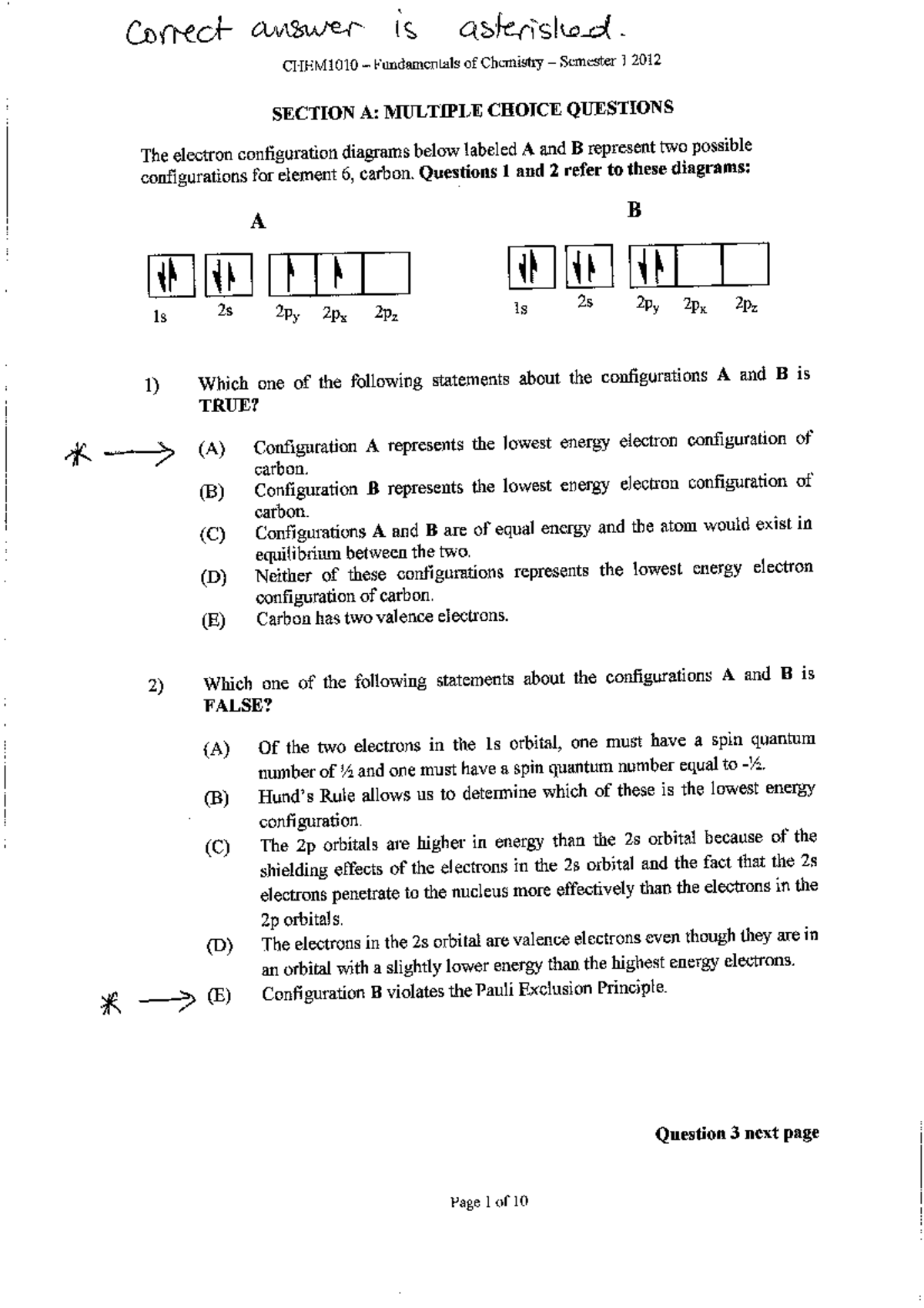 Exam 2012, Fundamentals Of Chemistry, questions and answers - CHEM1010 ...