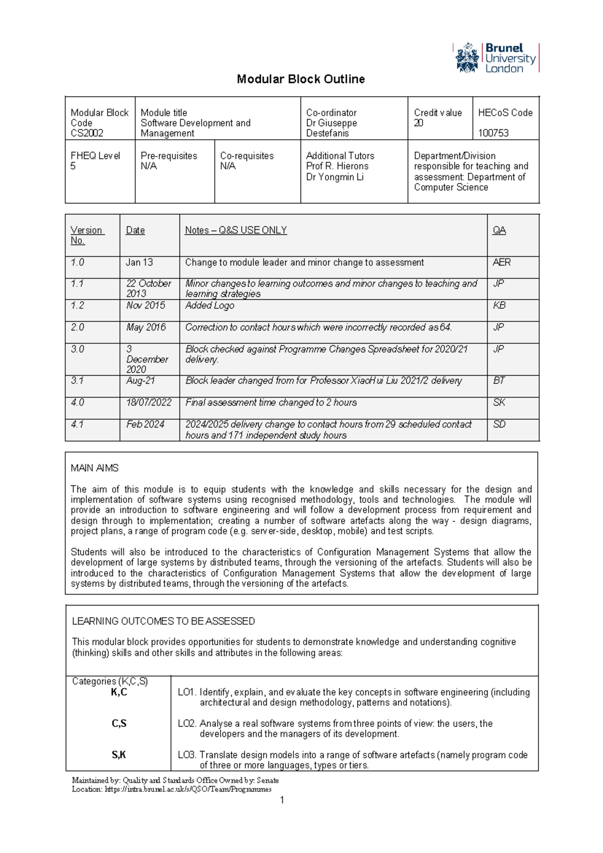 CS2002 Software Development and Management v4 - Modular Block Outline ...