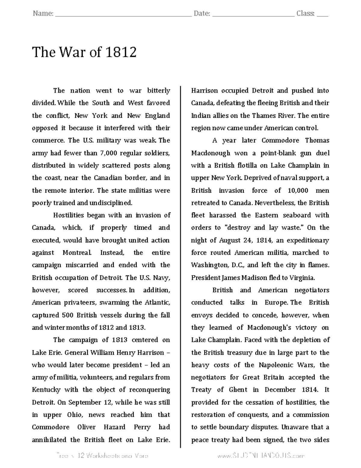 1812 - war of 1812 assignment - Name ...