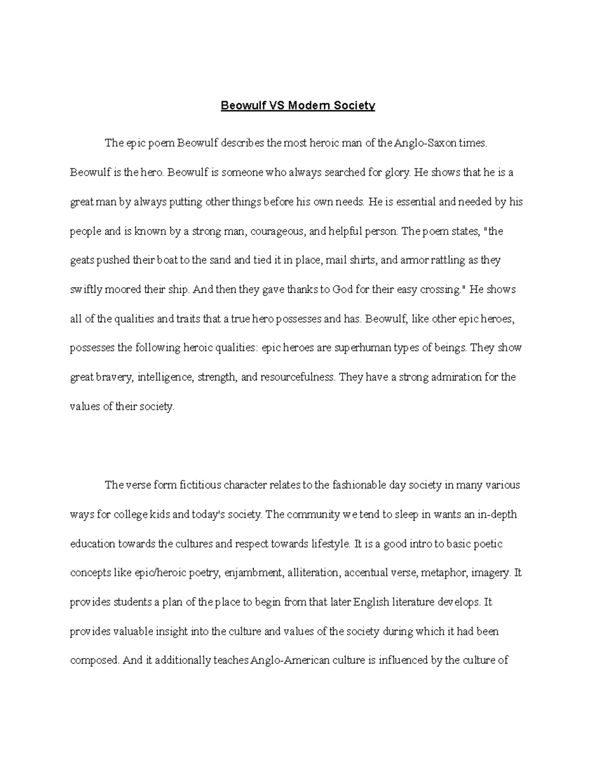 Beowulf VS Modern Society Essay - Beowulf VS Modern Society The epic ...
