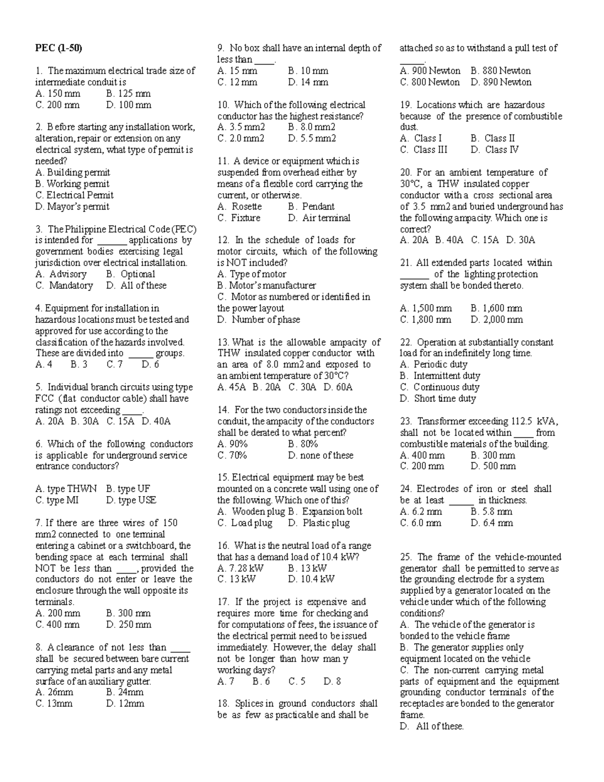 PEC (pinoybix) - Pec objectives - PEC (1-50) The maximum electrical ...