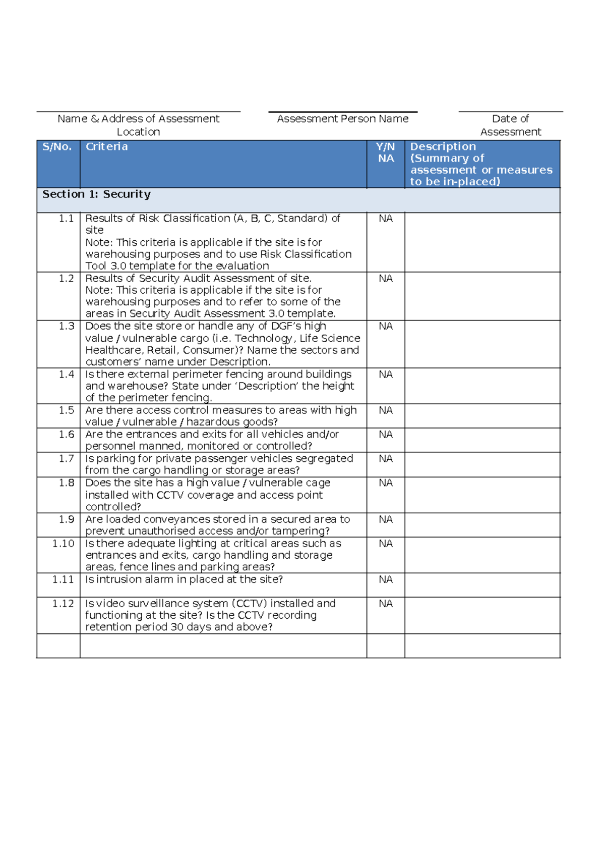 1 - CHECKLIST FOR LAW - Name & Address of Assessment Location ...