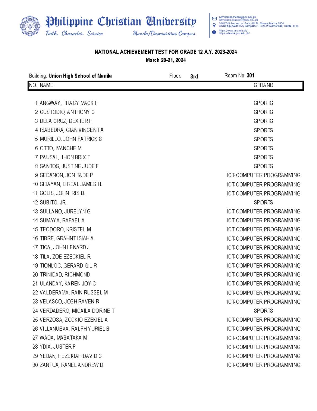 024 random files - 3rd Room No. 301 NO. NAME STRAND 1 ANGWAY, TRACY ...