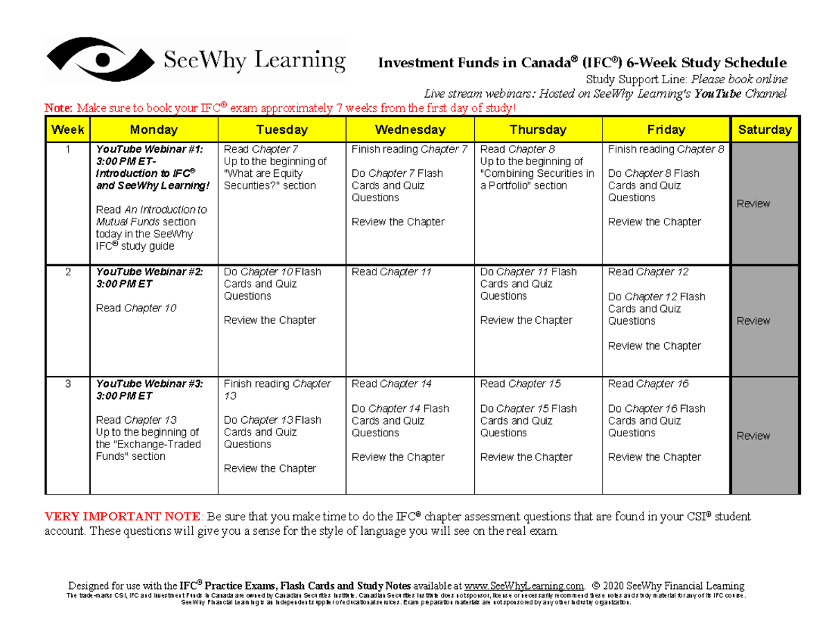 IFC 6 Week Study Schedule 2020 ver1 - Investment Funds in Canada® (IFC ...