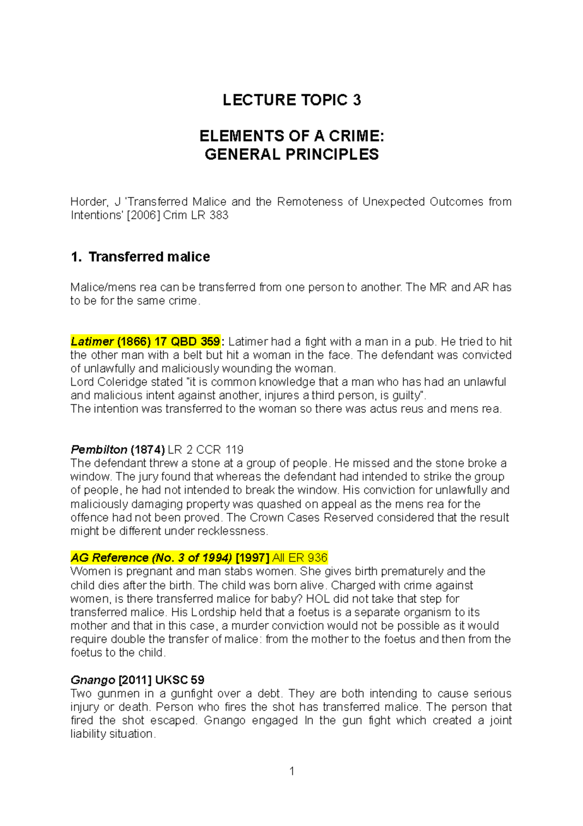 Lecture 3 - Elements of a Crime (general) - LECTURE TOPIC 3 ELEMENTS OF ...