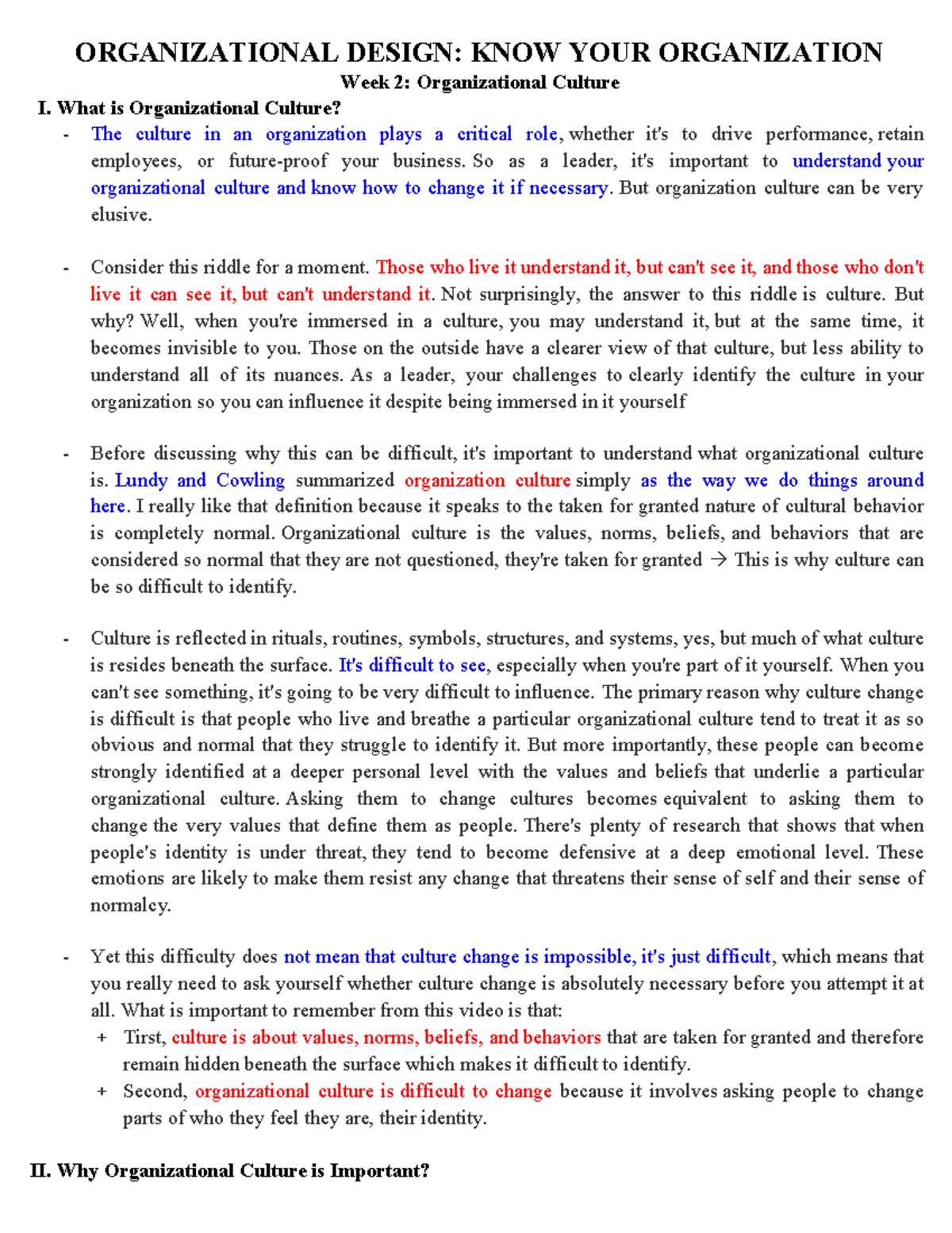 Week 2 Organizational Culture - ORGANIZATIONAL DESIGN: KNOW YOUR ...