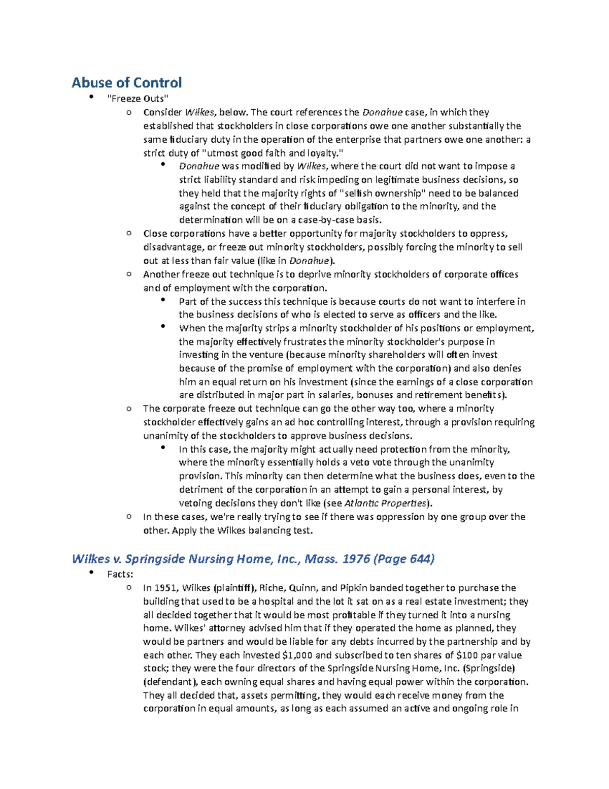 Corps Notes 10 - Abuse of Control "Freeze Outs" o Consider Wilkes ...