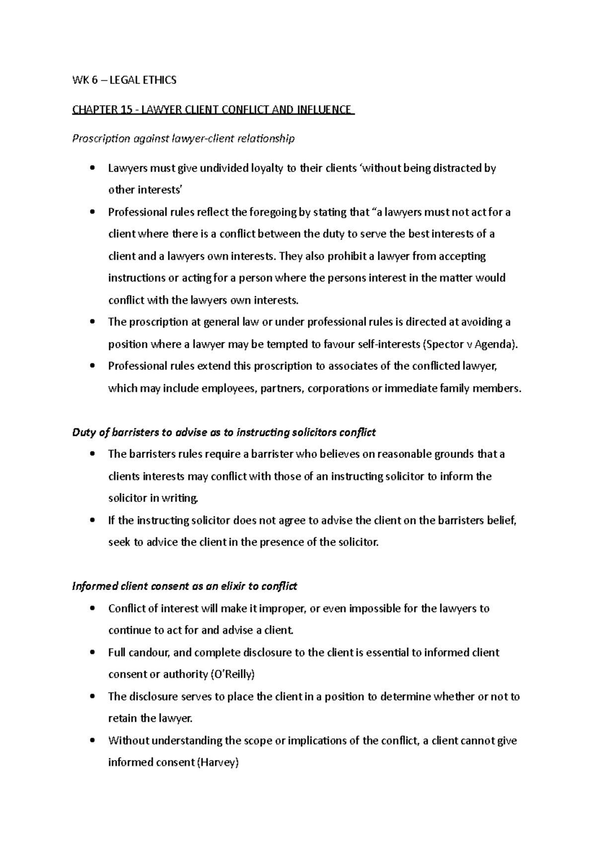 WK 6 – Lawyer client conflict and influence. Concurrent conflicts and ...