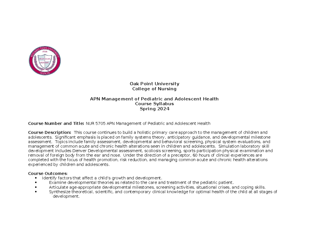 NSG 5705 Spring 2024 - course work - Oak Point University College of ...