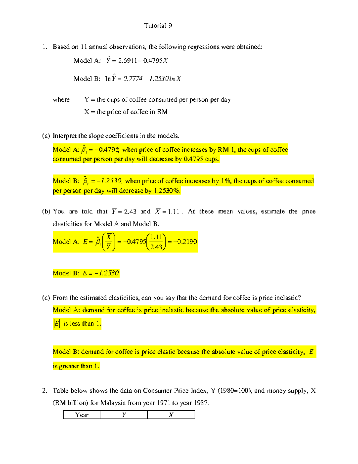 Solution Tutorial 9 Ec M I - Based on 11 annual observations, the following regressions were ...