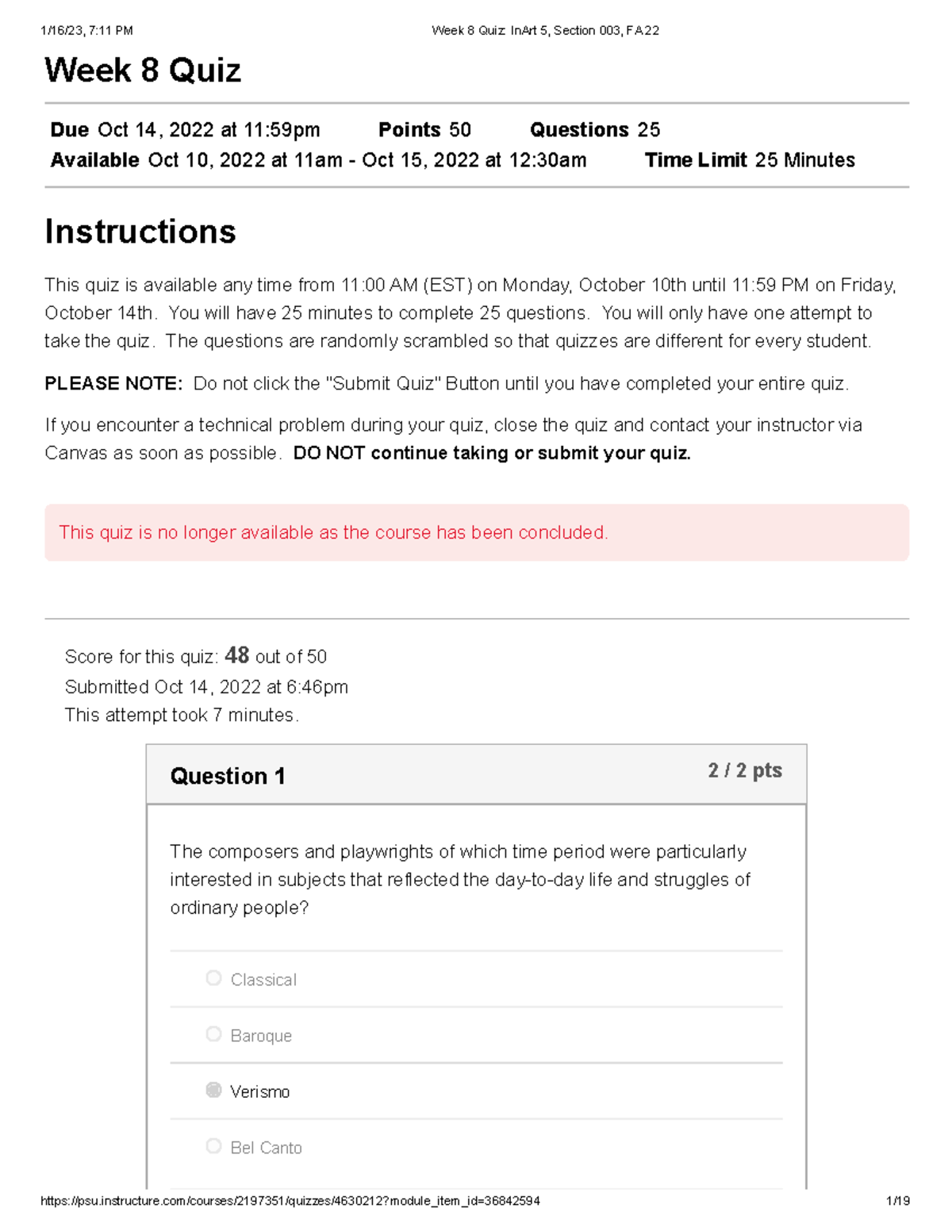 Week 8 Quiz In Art 5, Section 003, FA 22 - Week 8 Quiz Due Oct 14, 2022 ...