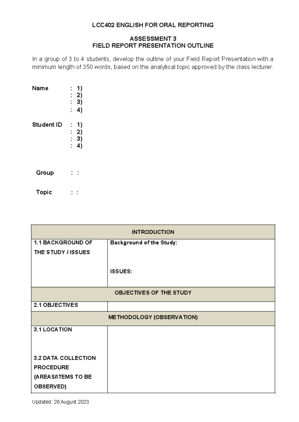 Field Report Outline(Empty template) - LCC402 ENGLISH FOR ORAL ...