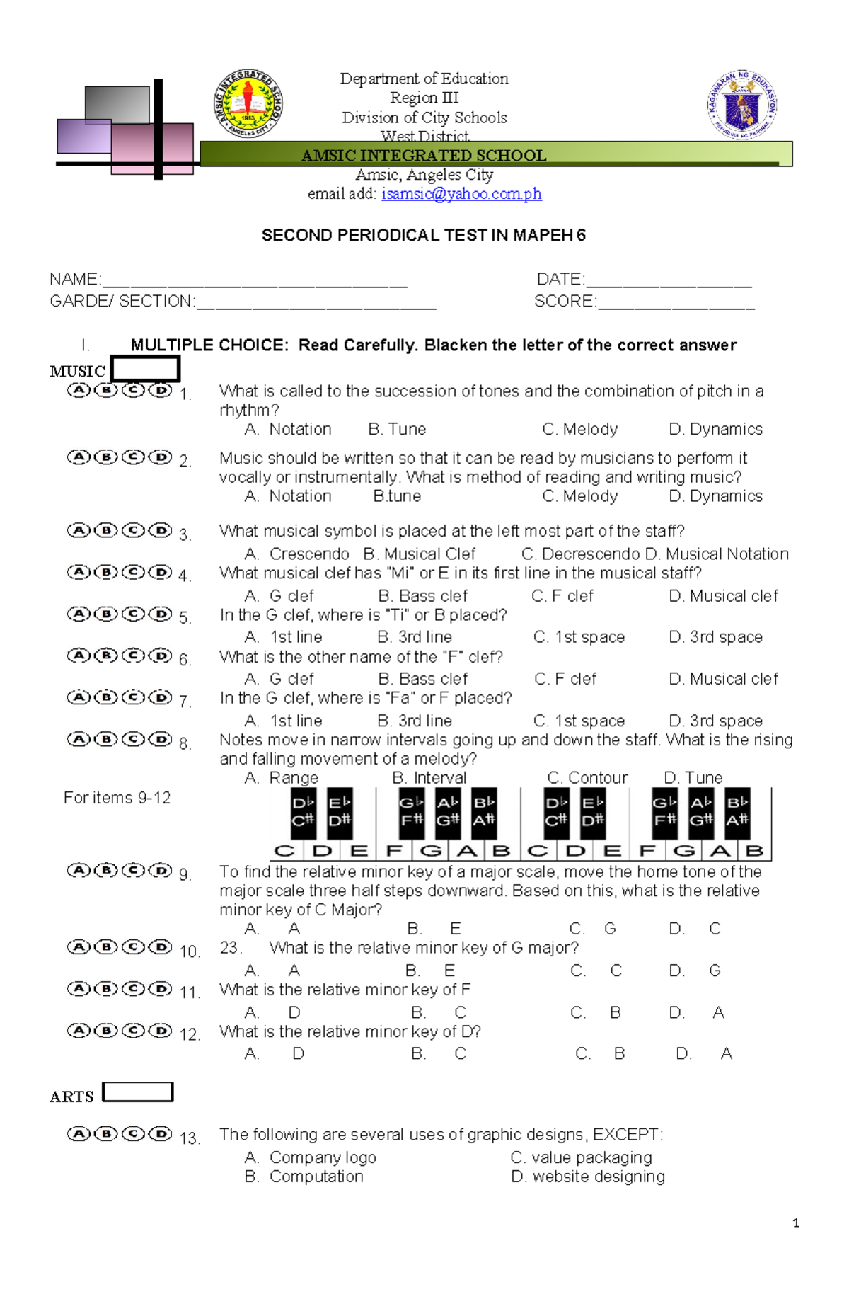 2nd Periodical TEST in Mapeh 6 2017 - Department of Education Region ...