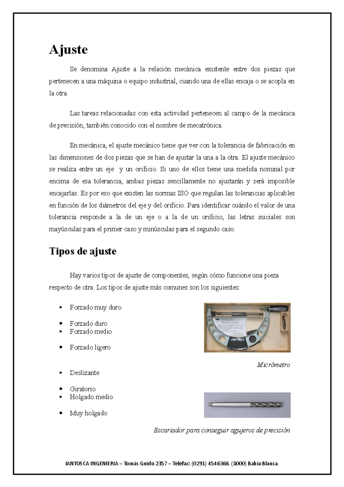 Ajuste y mediciones - Ajuste Se denomina Ajuste a la relación mecánica ...