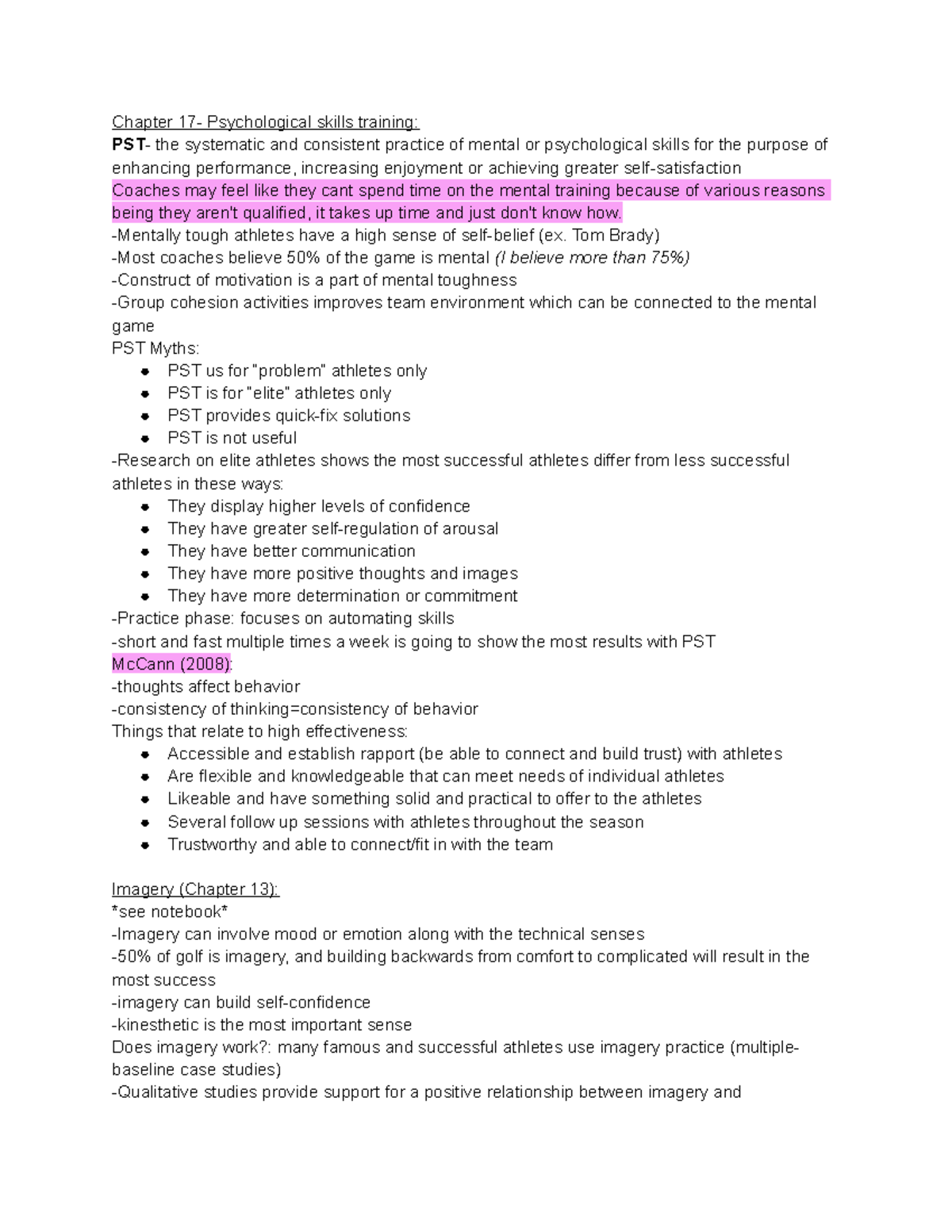 Sports Psychology 380 chapter 17 and 13 - Chapter 17- Psychological ...