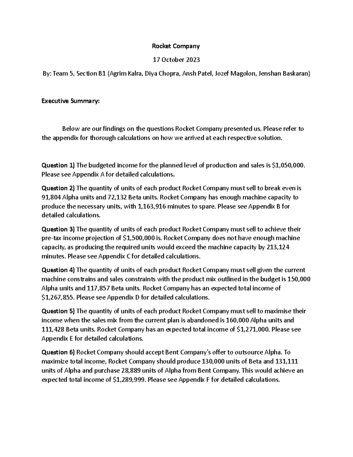 B1-05 - CASE ASSIGNMENT - Rocket Company 17 October 2023 By: Team 5 ...