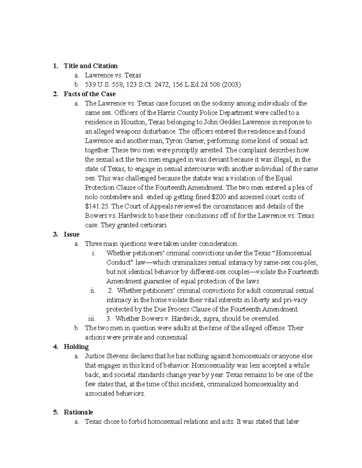 Lawrence vs Texas Case Brief - 1. Title and Citation a. Lawrence vs ...
