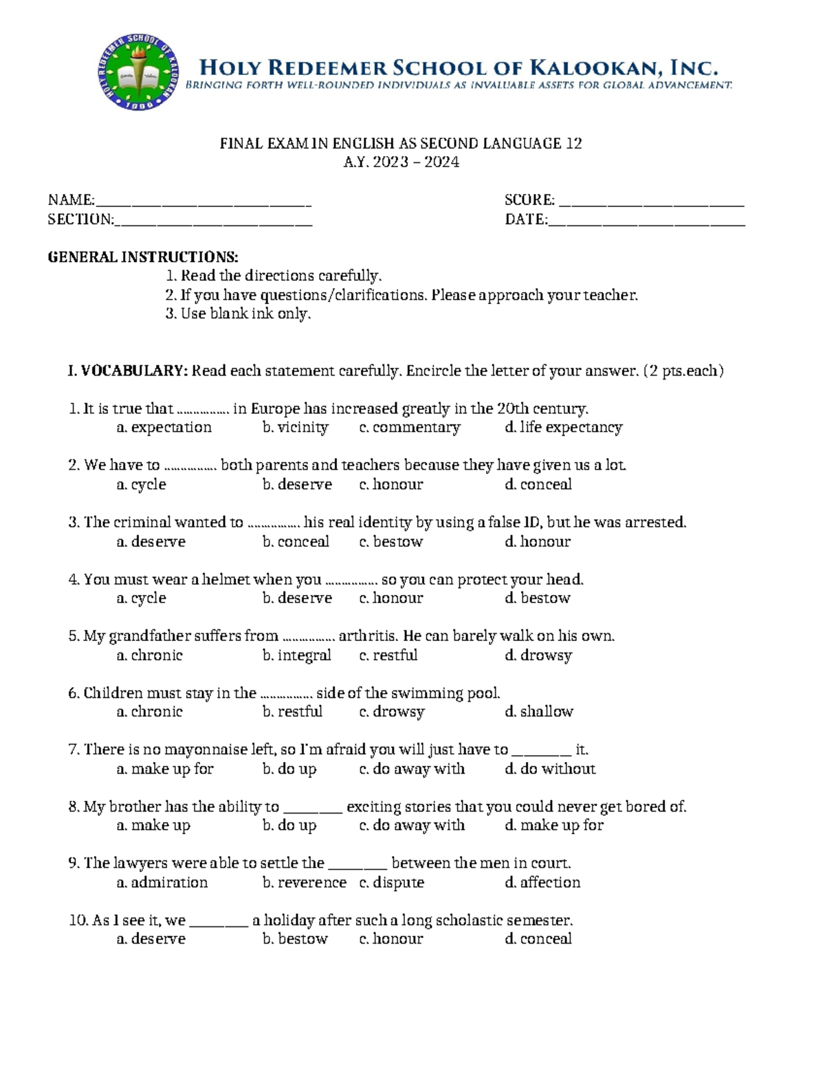 English AS Second Language 12 Final EXAM - FINAL EXAM IN ENGLISH AS ...