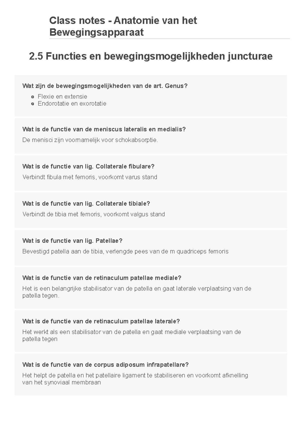 Functies Bewegingsmogelijkheden Origo En Insertie Deeltoets B En C Been Class Notes