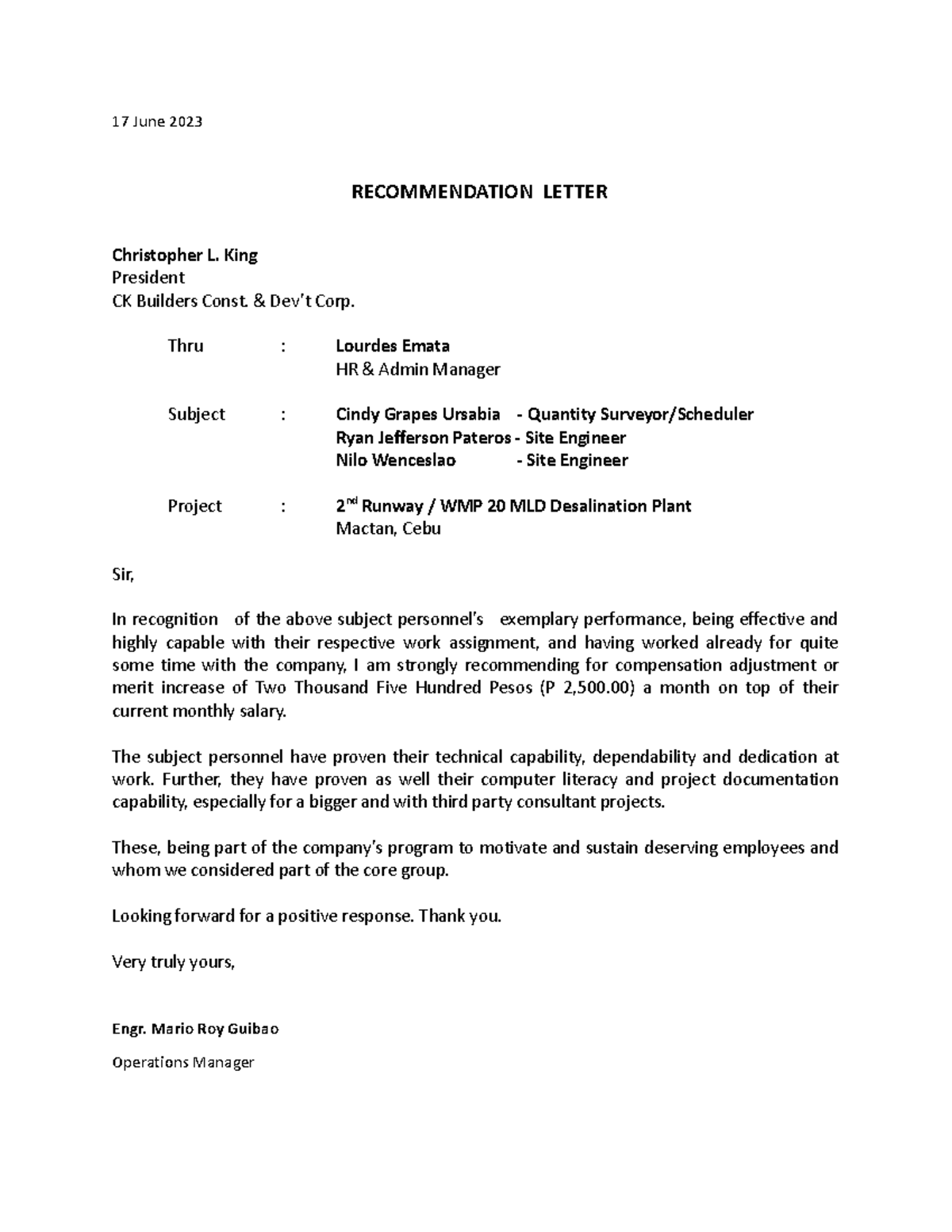 Recom Letter - cindy rj nilo - 17 June 2023 RECOMMENDATION LETTER ...