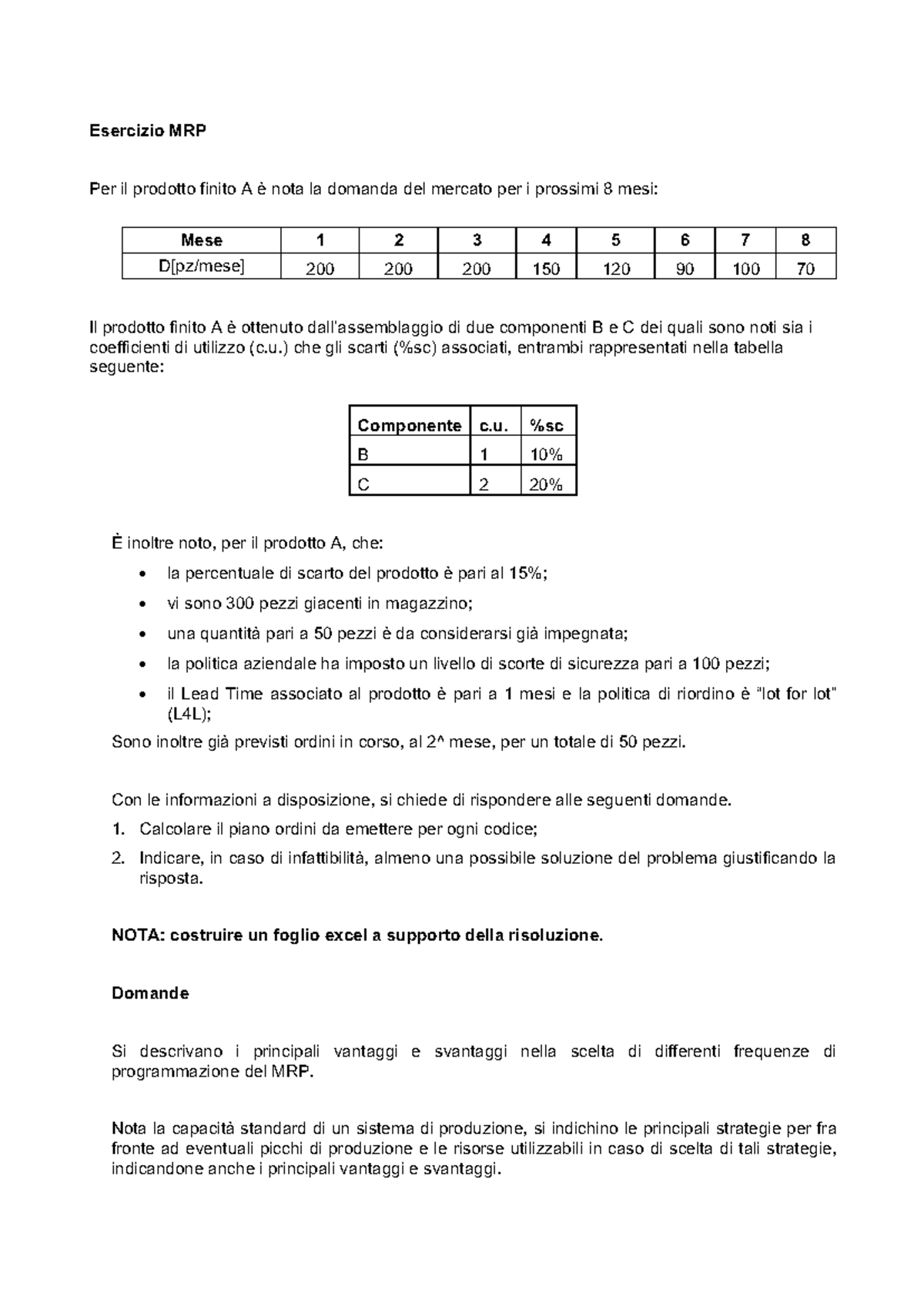 20.Tema esame MRP - Esercizio MRP Per il prodotto finito A è nota la domanda del mercato per i ...