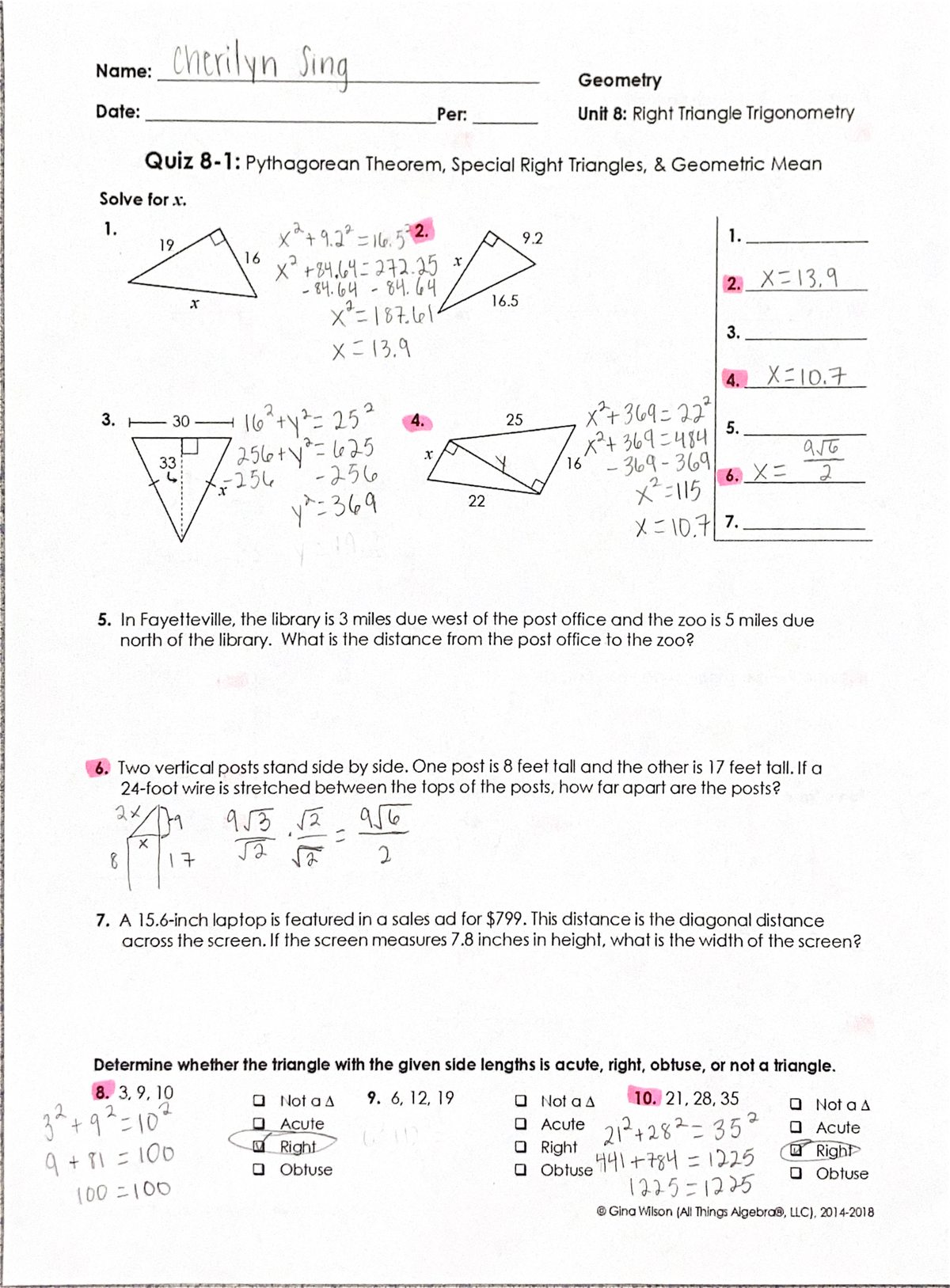 GQ8-1 Geometry Pythagorean Theorem Quiz - Studocu