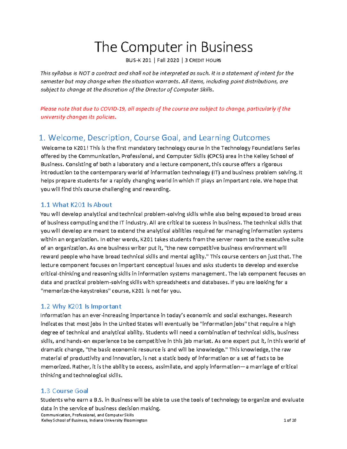 F20 K201 Syllabus - Communication, Professional, and Computer Skills ...