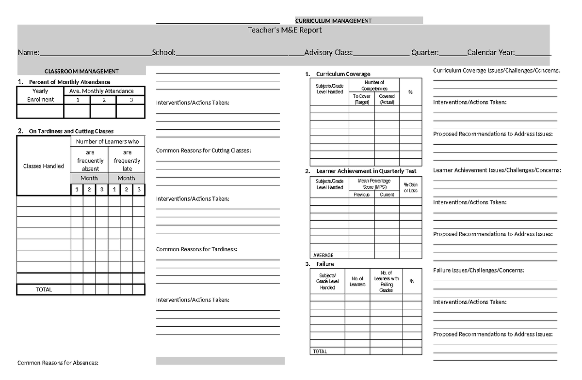 Teacher's M&E Report - Monitoring and Evaluation Tool - CLASSROOM ...
