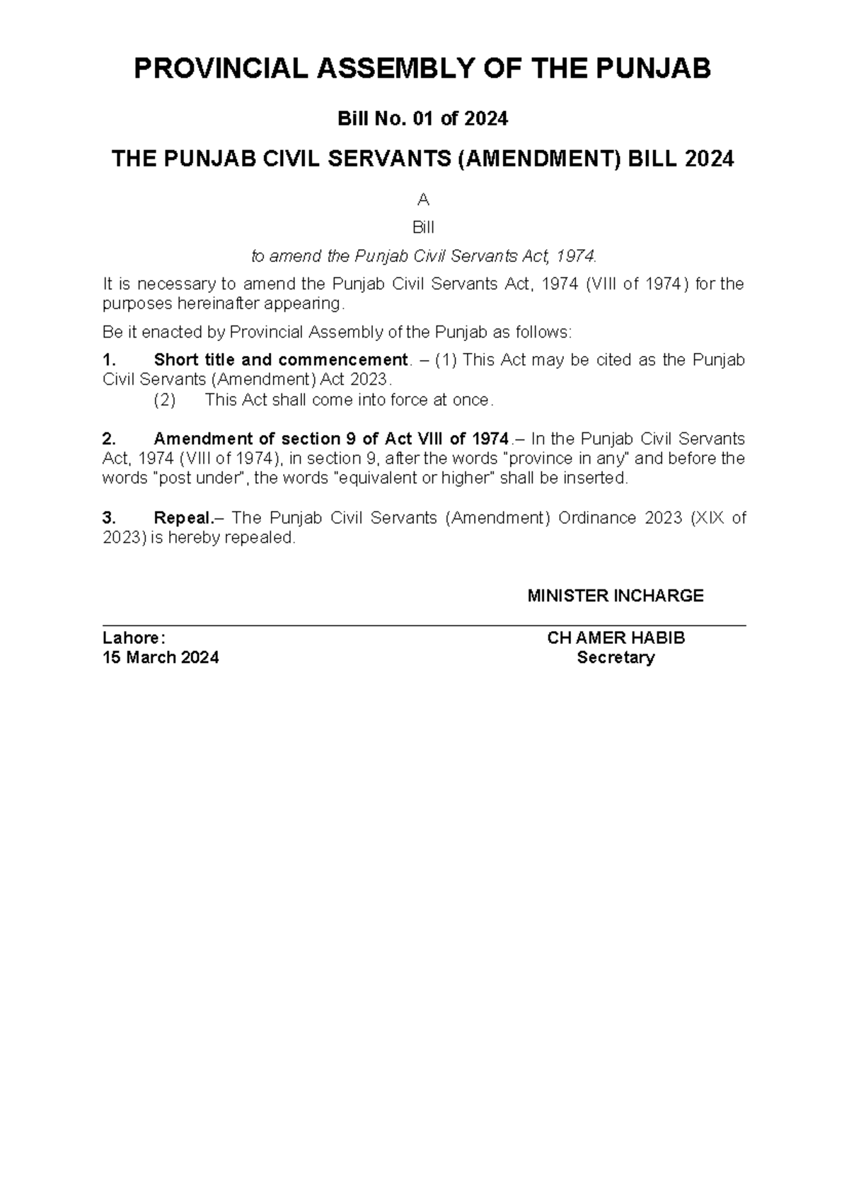 Bill01-2024 - Bill01-2024 - PROVINCIAL ASSEMBLY OF THE PUNJAB Bill No ...