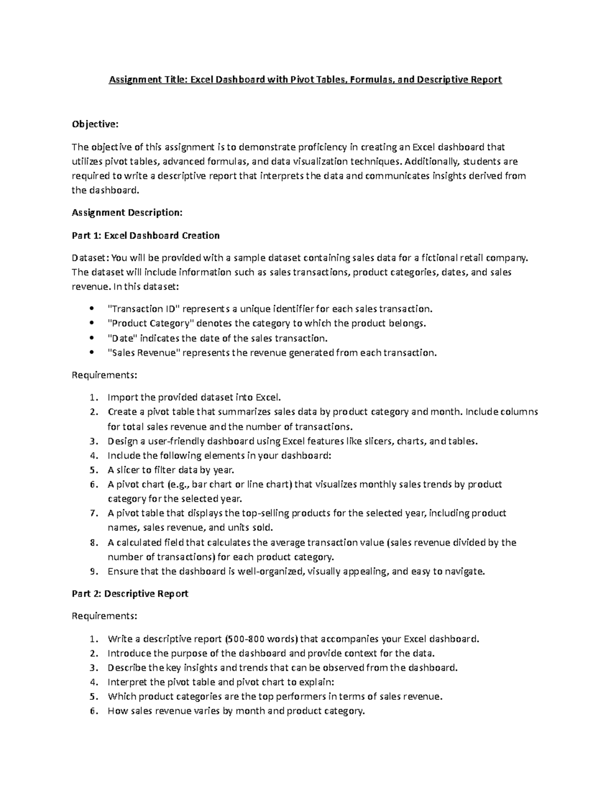 Descriptive Report Guidelines and Rubric - Assignment Title: Excel ...