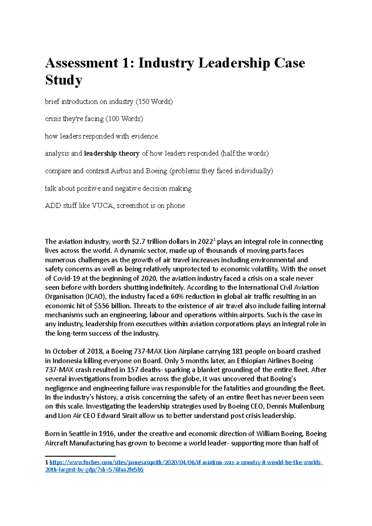 OLE #1 - Aviation - Assessment 1: Industry Leadership Case Study brief ...