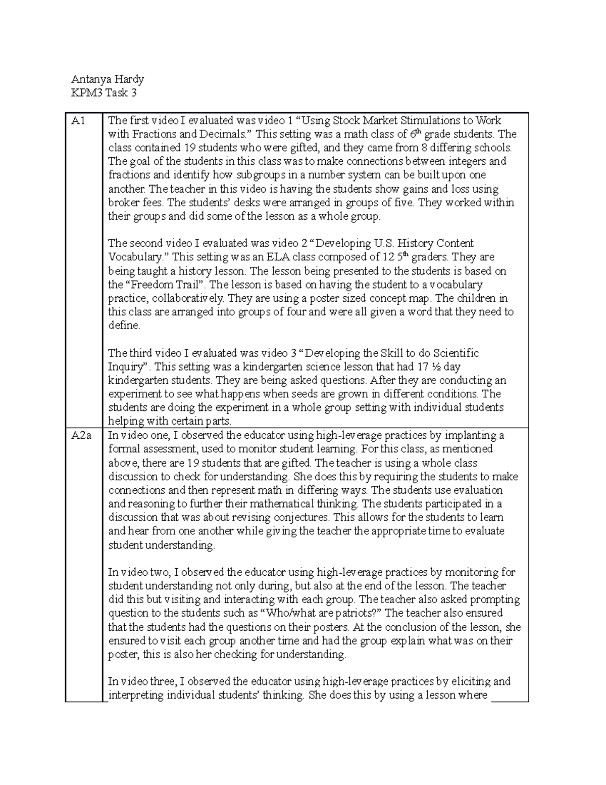 KPM3 Task 3 - KPM3 Task 3 - Antanya Hardy KPM3 Task 3 A1 The first ...
