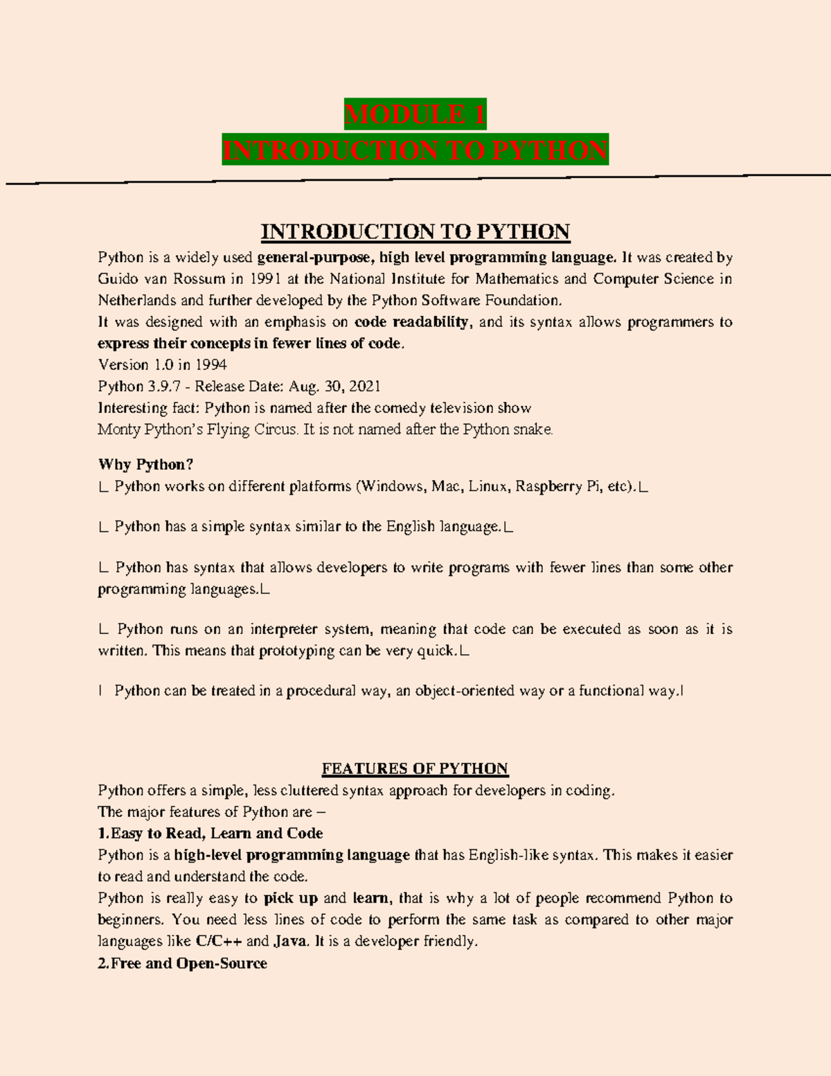 Module 1 - Hy there - MODULE 1 INTRODUCTION TO PYTHON INTRODUCTION TO PYTHON Python is a widely ...