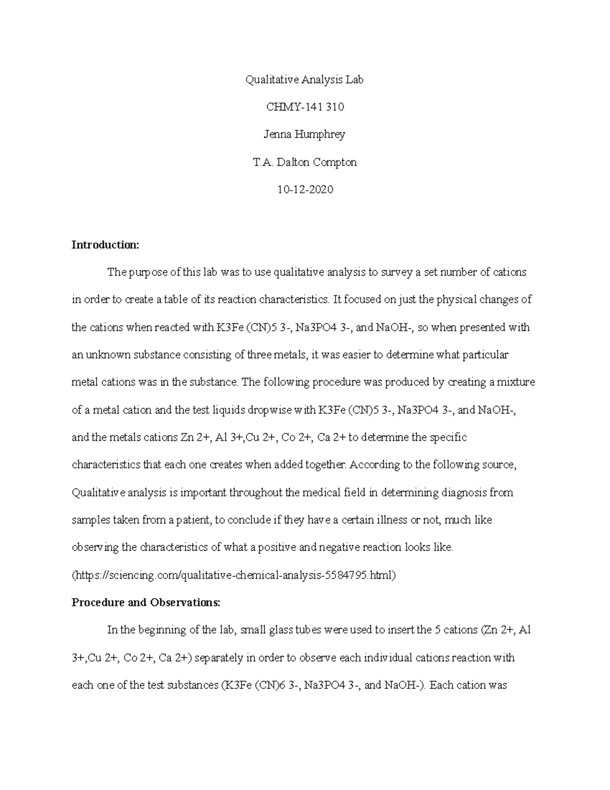 Qualitative Analysis Lab - Qualitative Analysis Lab CHMY-141 310 Jenna ...