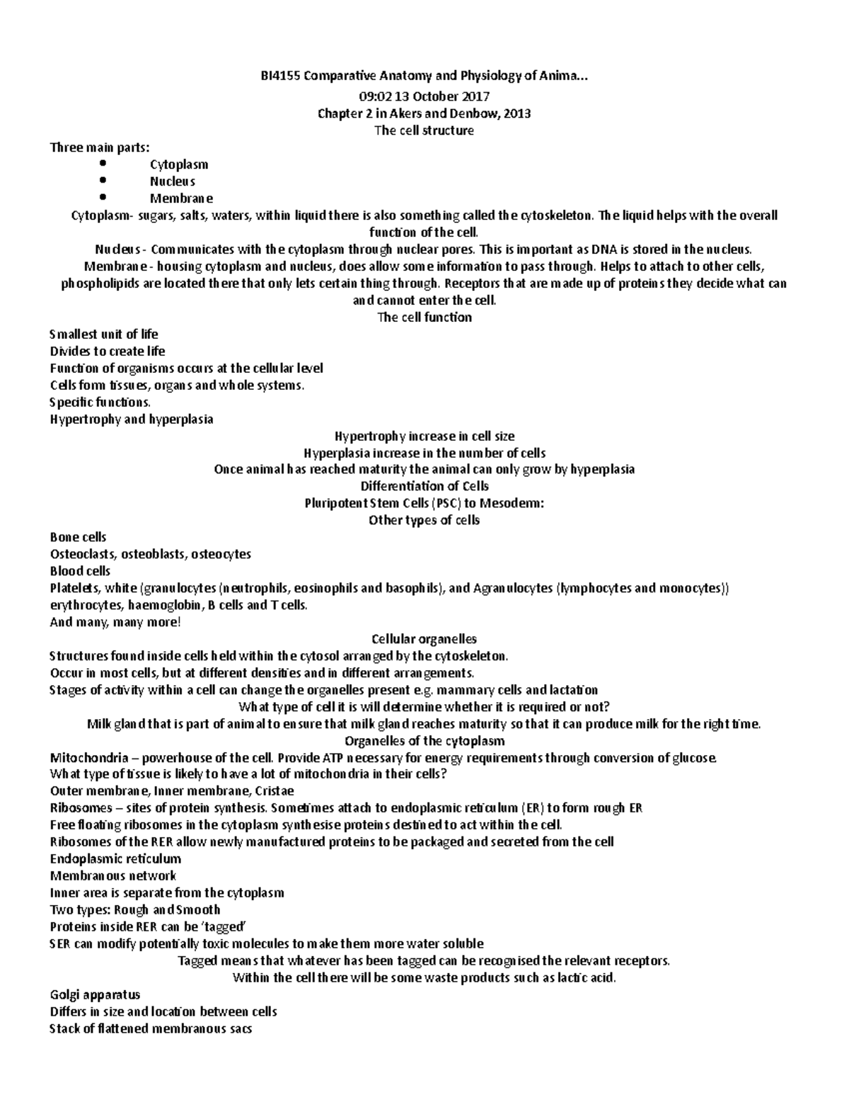 The cell - Lecture notes 2 - BI4155 Comparative Anatomy and Physiology ...