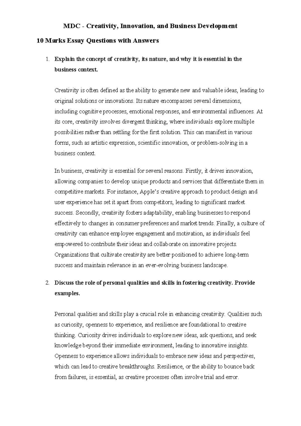 MDC- 10 Marks-1 - MDC - FYUGP - MDC - Creativity, Innovation, and Business Development 10 Marks ...