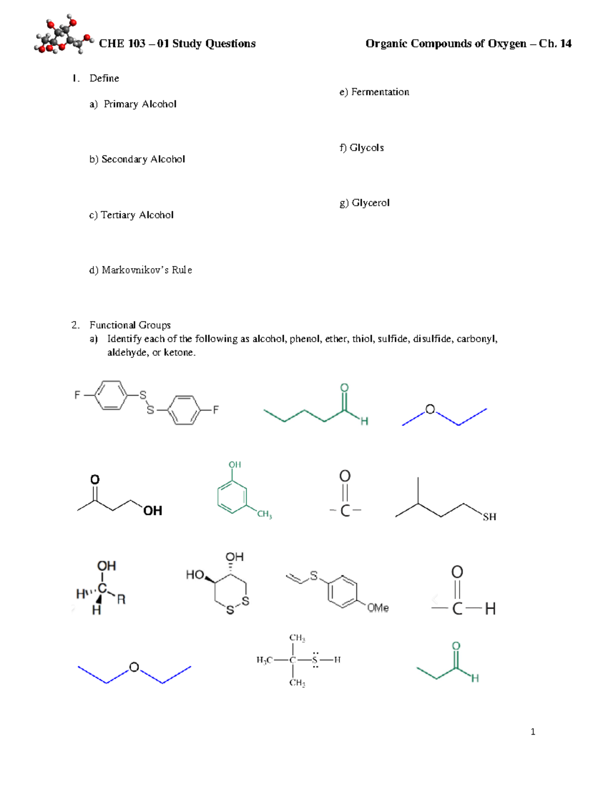 14 - Organic Compounds of Oxygen - CHE 103 – 01 Study Questions Organic ...