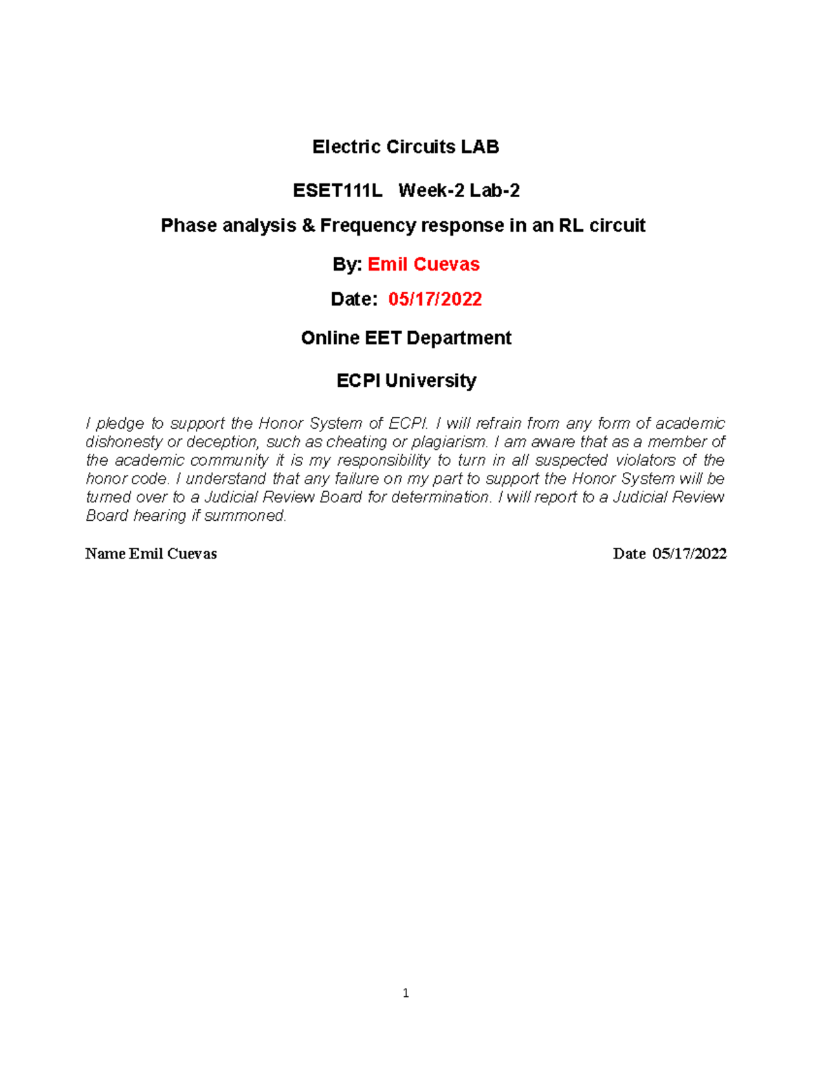 ESET111 L Wk2 Lab-2 Report - Electric Circuits LAB ESET111L Week-2 Lab ...