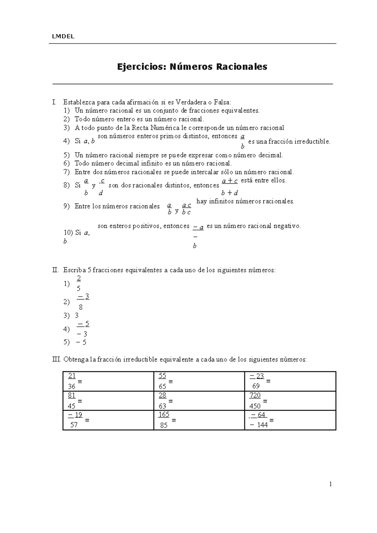 fracciones matematicas - 1 Ejercicios: Números Racionales I. Establezca ...
