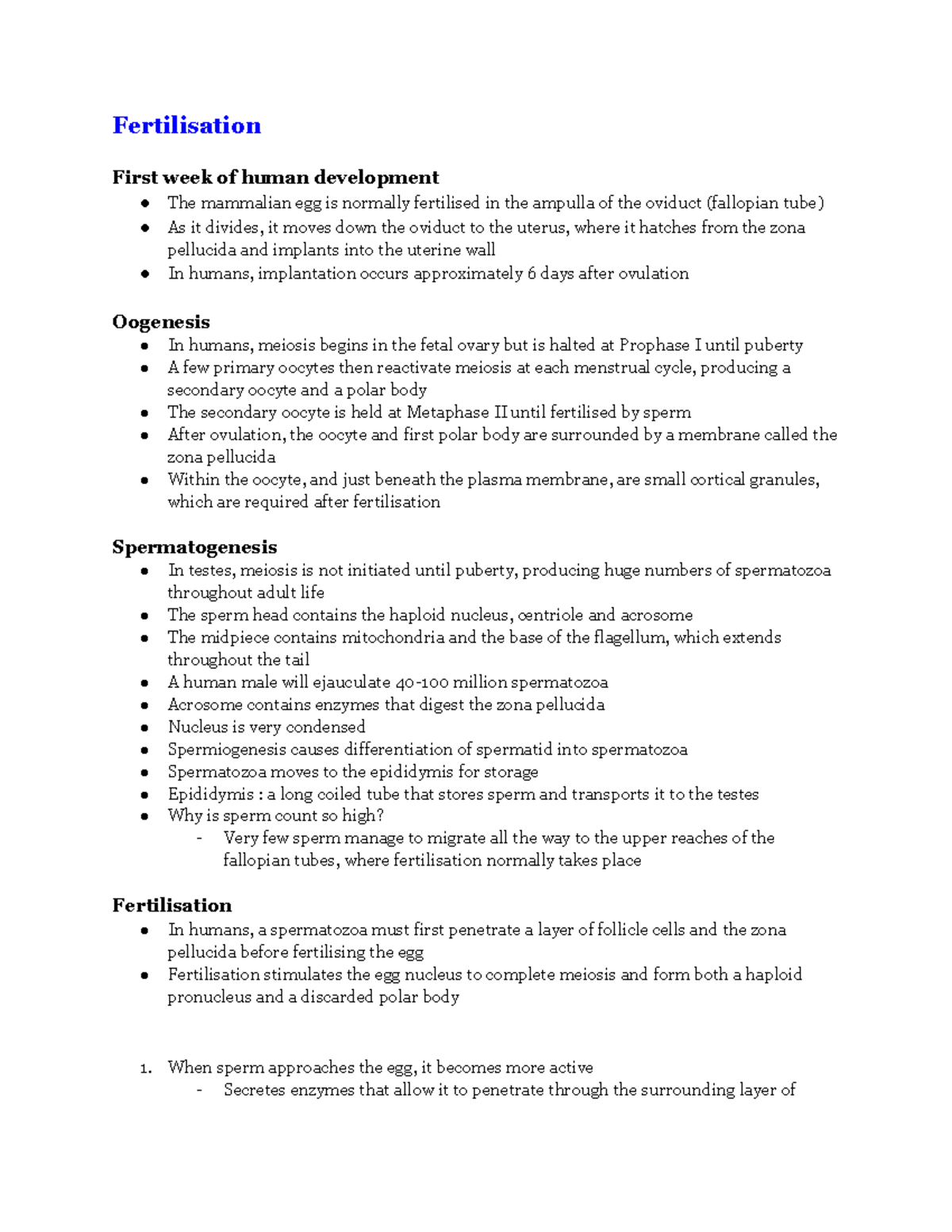 Introduction to Anatomy ANAT0001 Lecture notes - Fertilisation First ...