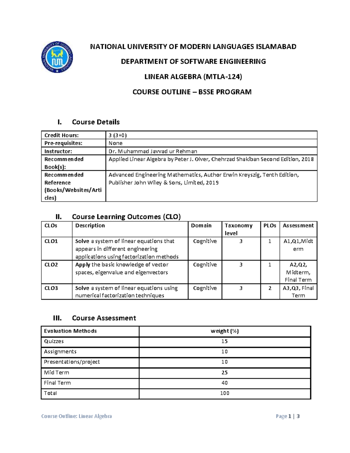 Course Outline - good - Course Outline: Linear Algebra Page 1 | 3 ...