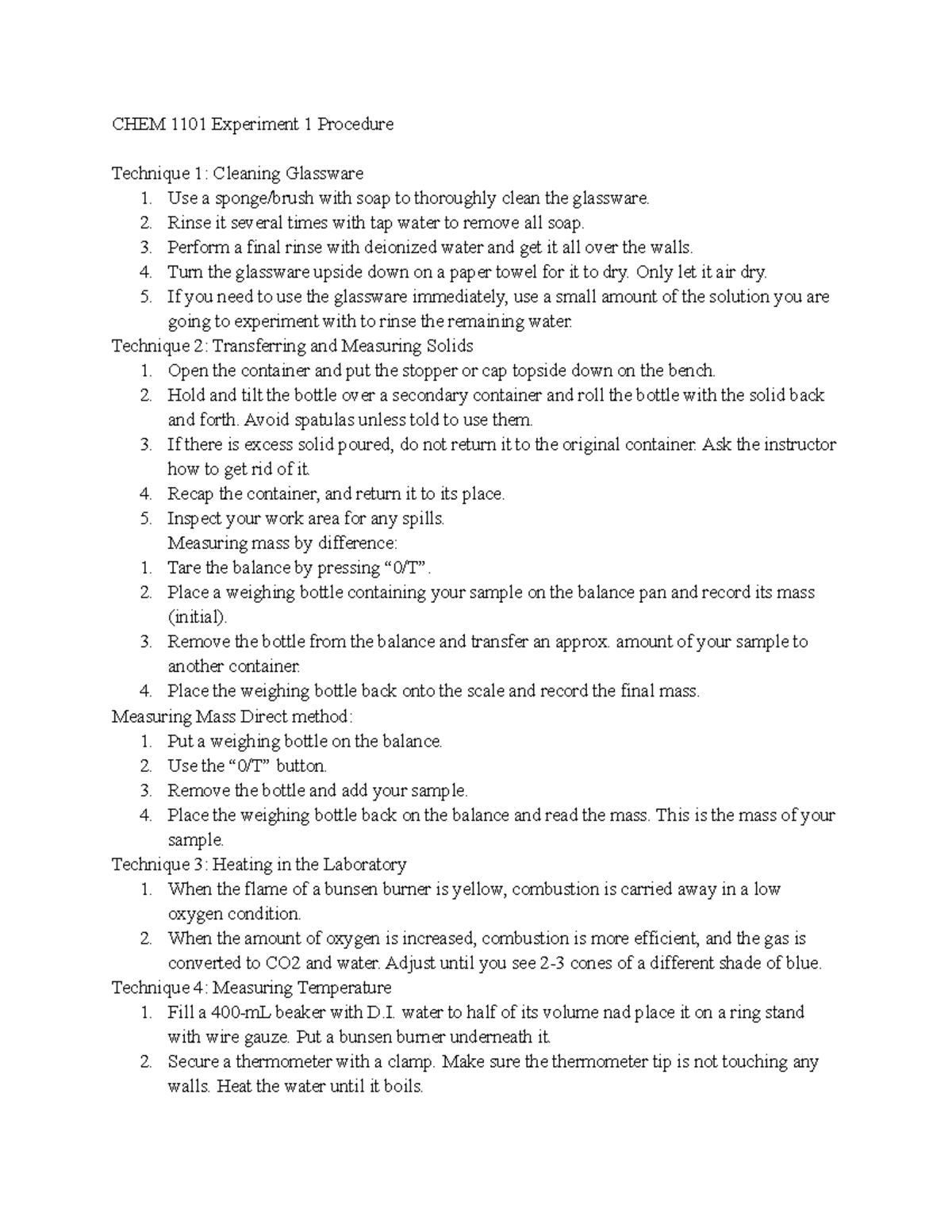 CHEM 1101 Experiment 1 Procedure - CHEM 1101 Experiment 1 Procedure ...