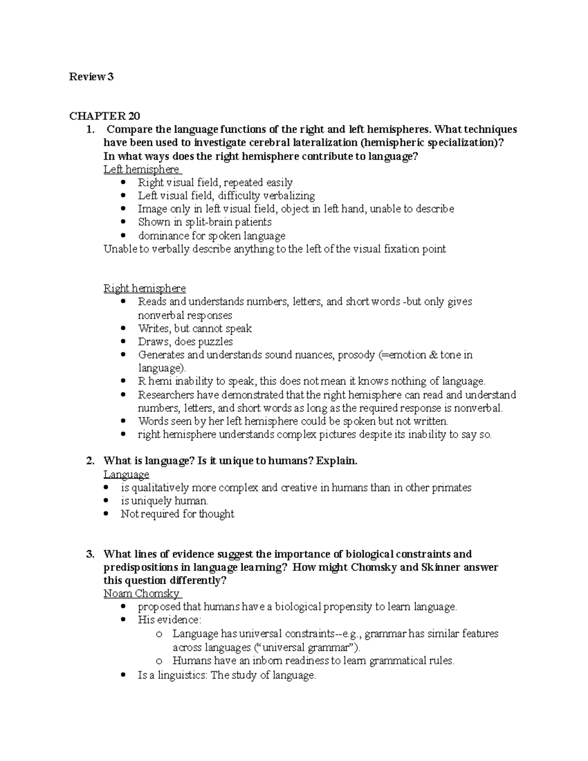 Exam 3 Review - Review 3 CHAPTER 20 1. Compare the language functions ...