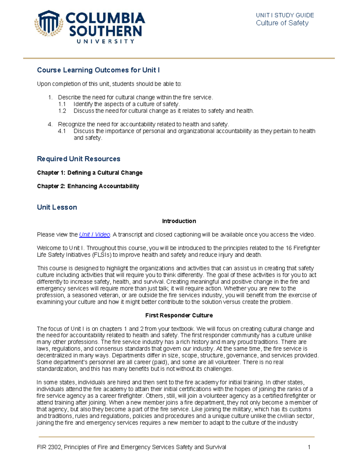 Unit I - Unit 1 Outline - FIR 2302, Principles of Fire and Emergency ...