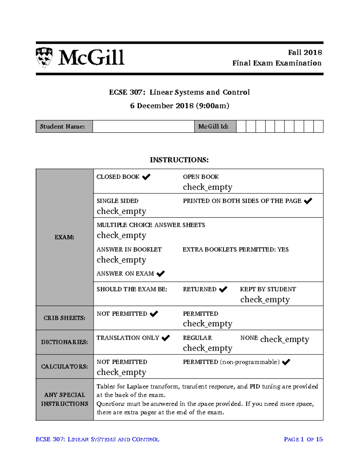 fall 2018 exam with solutions - Fall 2018 Final Exam Examination ECSE 307: Linear Systems and ...