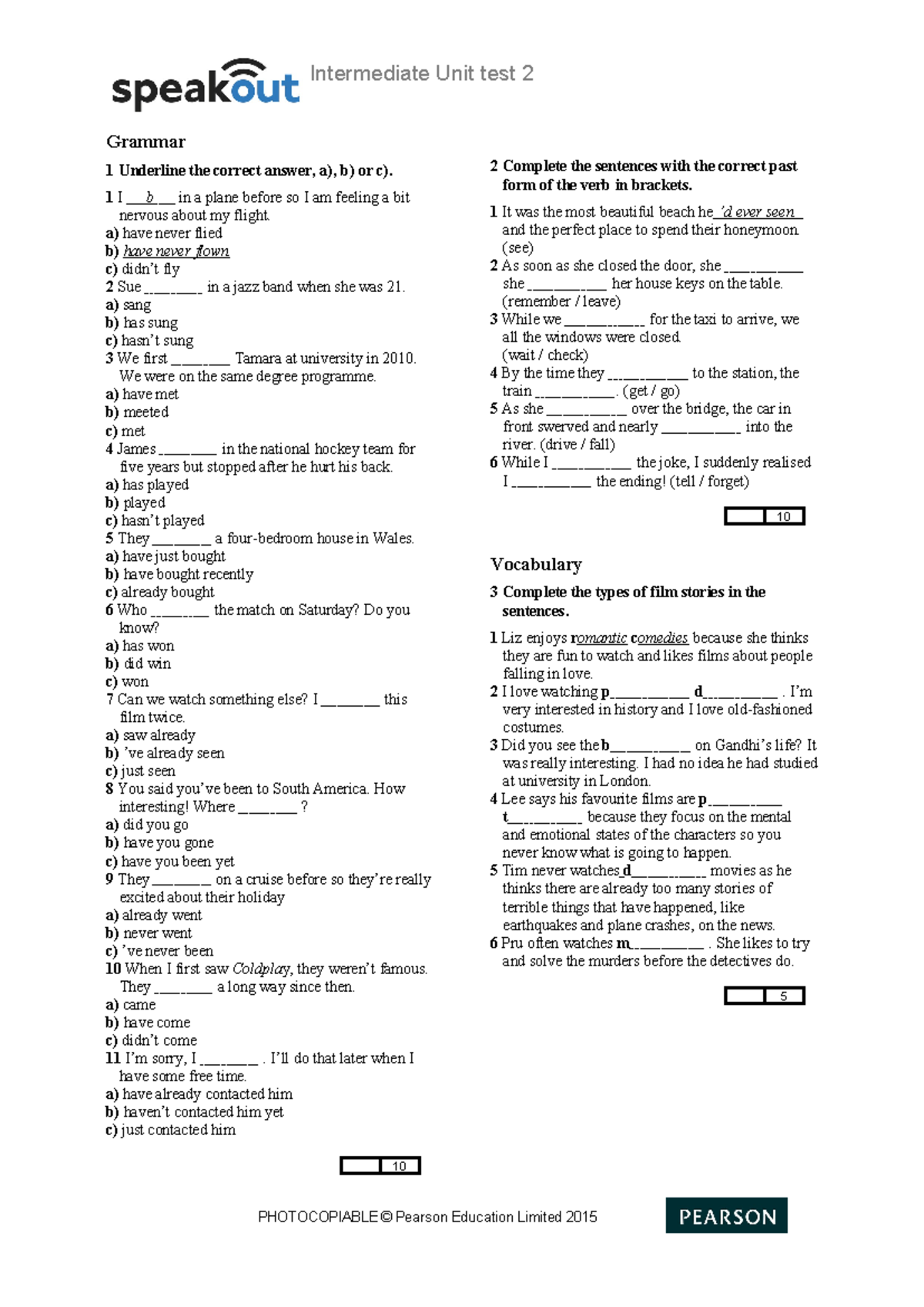 Unit 2 - Practice Exercise - Intermediate Unit test 2 Grammar 1 ...