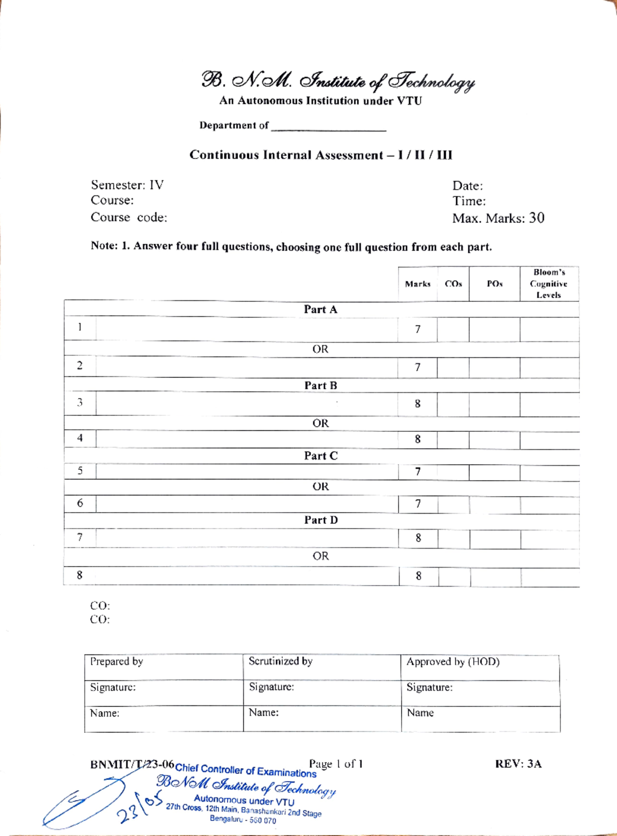 CIA Question paper pattern IV Sem - 3 4 6 7 8 Semester: IV Course ...