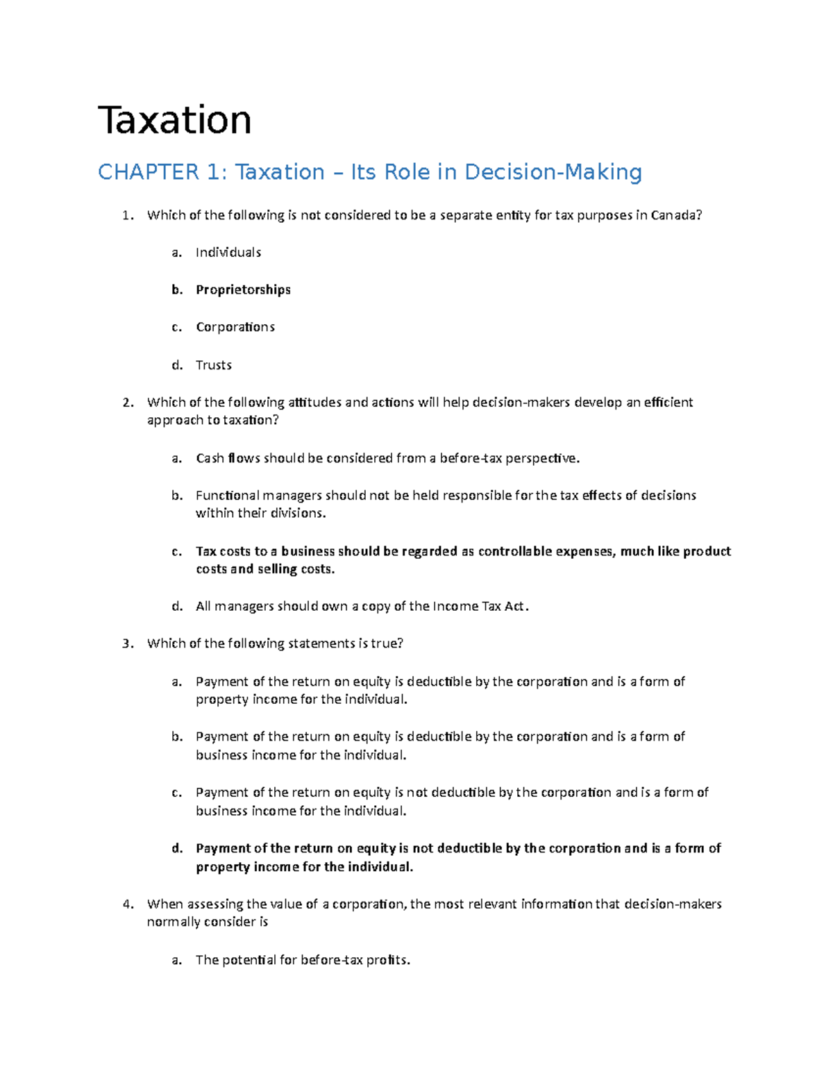 1 2018, questions and answers - Taxation CHAPTER 1: Taxation – Its Role ...
