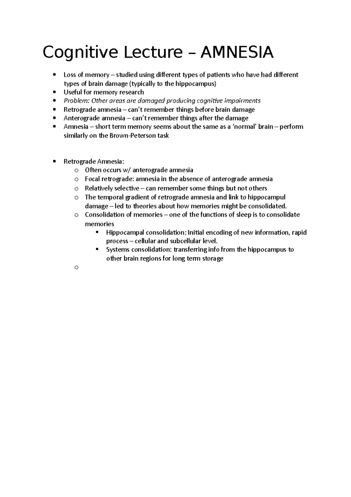 Cognitive Lecture – Amnesia - Cognitive Lecture – AMNESIA Loss of ...
