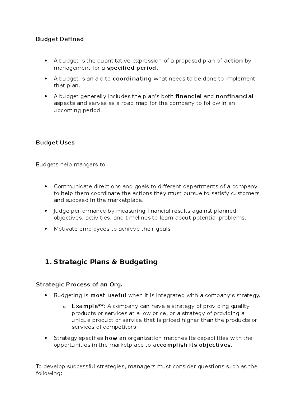 ACCT1102 Lecture 4 Notes - Budget Defined A budget is the quantitative ...